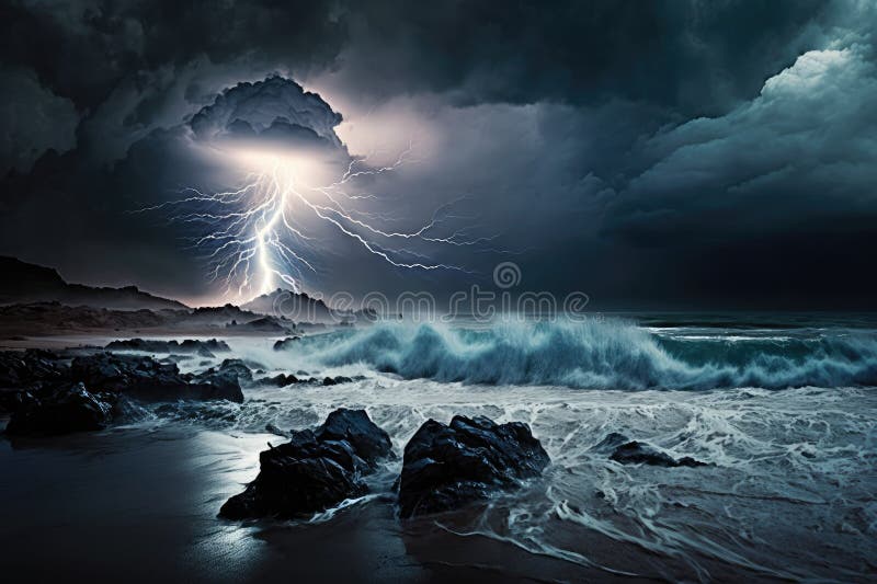 Angry Storm on the Ocean Coast, with Thunder and Lightning Stock ...