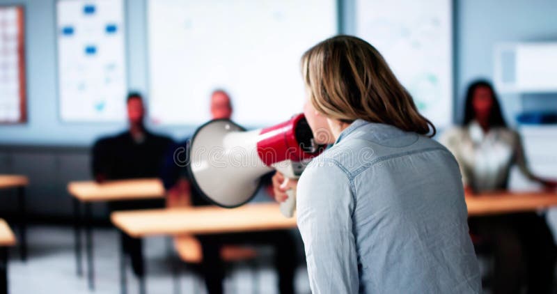 Teacher Shouting through Megaphone on University Students Stock Image ...
