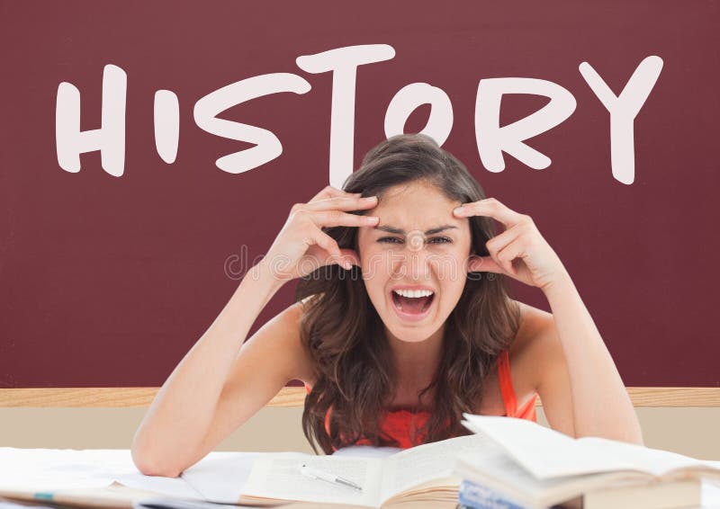 Angry Student Girl at Table Against Red Blackboard with History Text ...