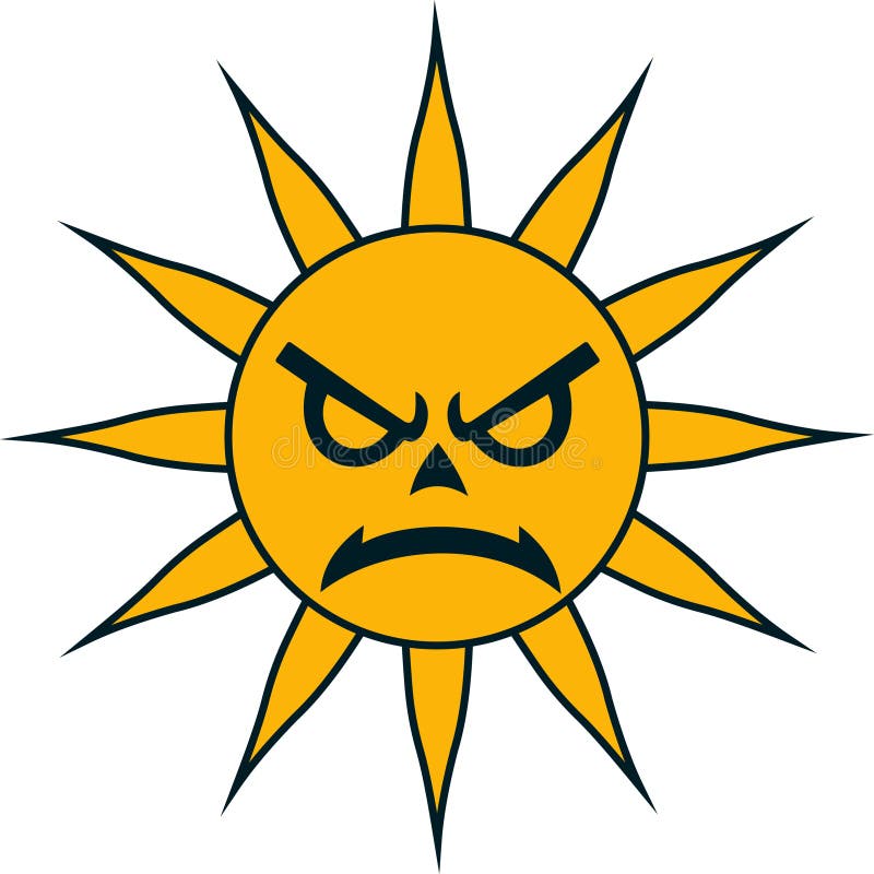 Flat Vector Illustration of a Bright Yellow Sun with an Angry Face and Sharp Rays Stock Vector ...