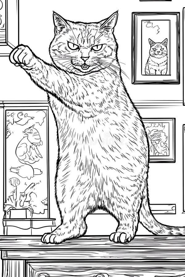 Angry Tabby Cat Standing on Table, Paws Raised Stock Illustration ...