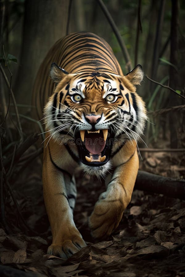 Angry Tiger Running through Forest Stock Illustration - Illustration of ...