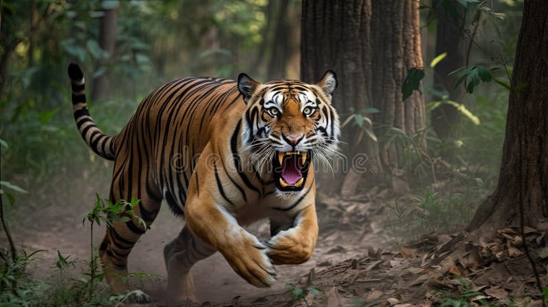 Angry Tiger Running through Forest Stock Illustration - Illustration of ...