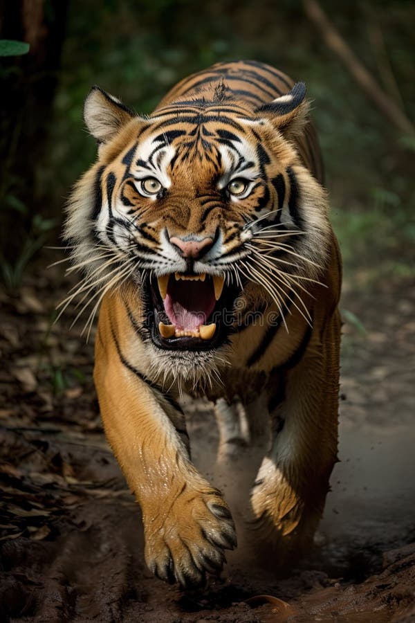 Angry Tiger Running through Forest Stock Illustration - Illustration of ...