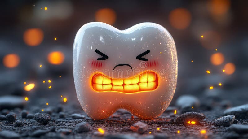An Angry Tooth with Glowing Teeth Sits on Dark Ground with Sparks Stock ...