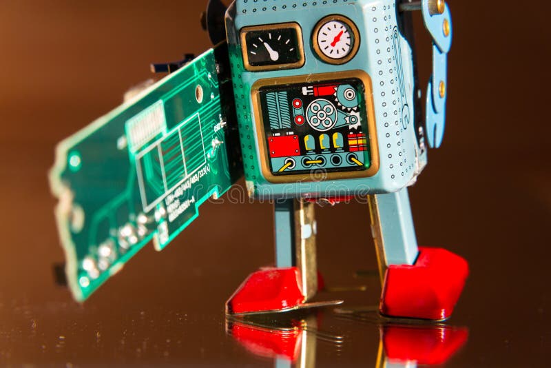 Tin Toy Robot Carries Computer Circuit Board, Artificial Intelligence ...