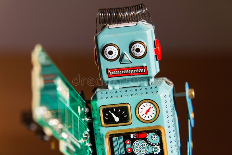 Tin Toy Robot Carries Computer Circuit Board, Artificial Intelligence ...