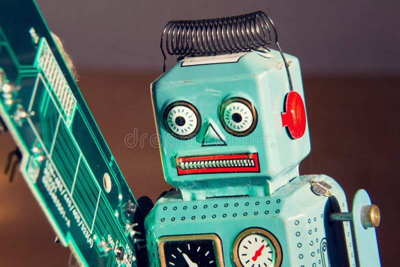 Tin Toy Robot Carries Computer Circuit Board, Artificial Intelligence ...