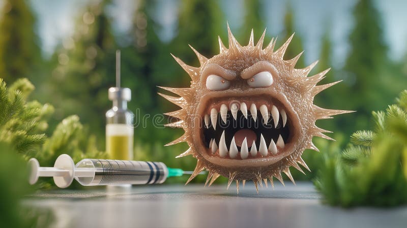 Angry Virus with Sharp Teeth Syringe and Vial in Forest Setting this ...