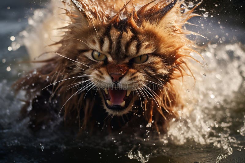 Angry Wet Cat Splashing Water. Generative AI Stock Photo - Image of ...