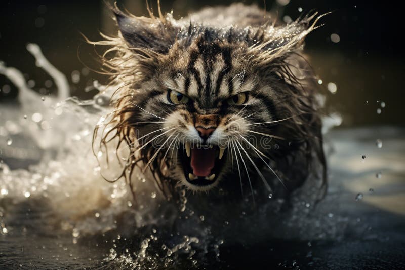 Angry Wet Cat Splashing Water. Generative AI Stock Photo - Image of ...