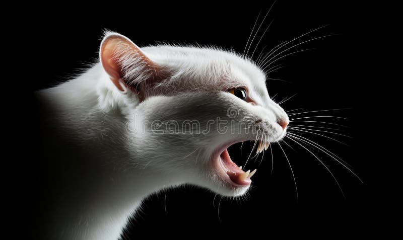 Angry White Cat Profile with Open Mouth and Sharp Teeth, Dramatic ...