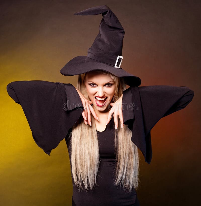 Little Girl in Witch Costume Outside with Magic Book Stock Image ...