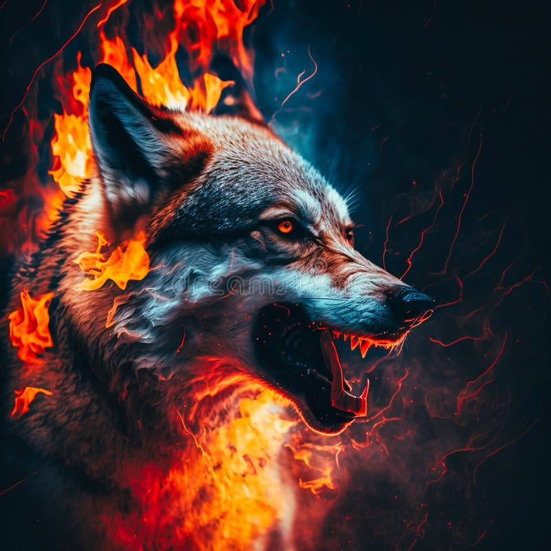 Angry Wolf in Red Fire Fantasy Photorealistic, Generative AI Stock ...