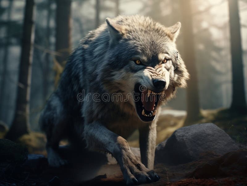 Angry Wolf Roaring in the Forest Stock Illustration - Illustration of ...