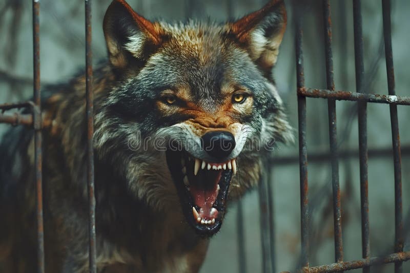Angry Wolf Snarling Behind Bars in Captivity Stock Image - Image of ...