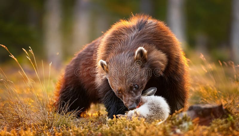 Angry Wolverine Feasts on a Rabbit in the Wild during Golden Hour Light ...