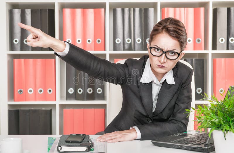 Angry Woman Boss Pointing Out Stock Photo - Image of computer, looking ...