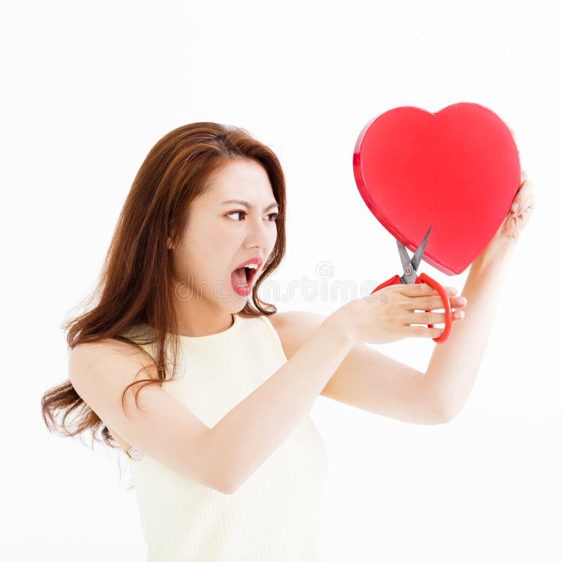Angry Woman Cutting the Heart Shape by Scissors Stock Image - Image of ...