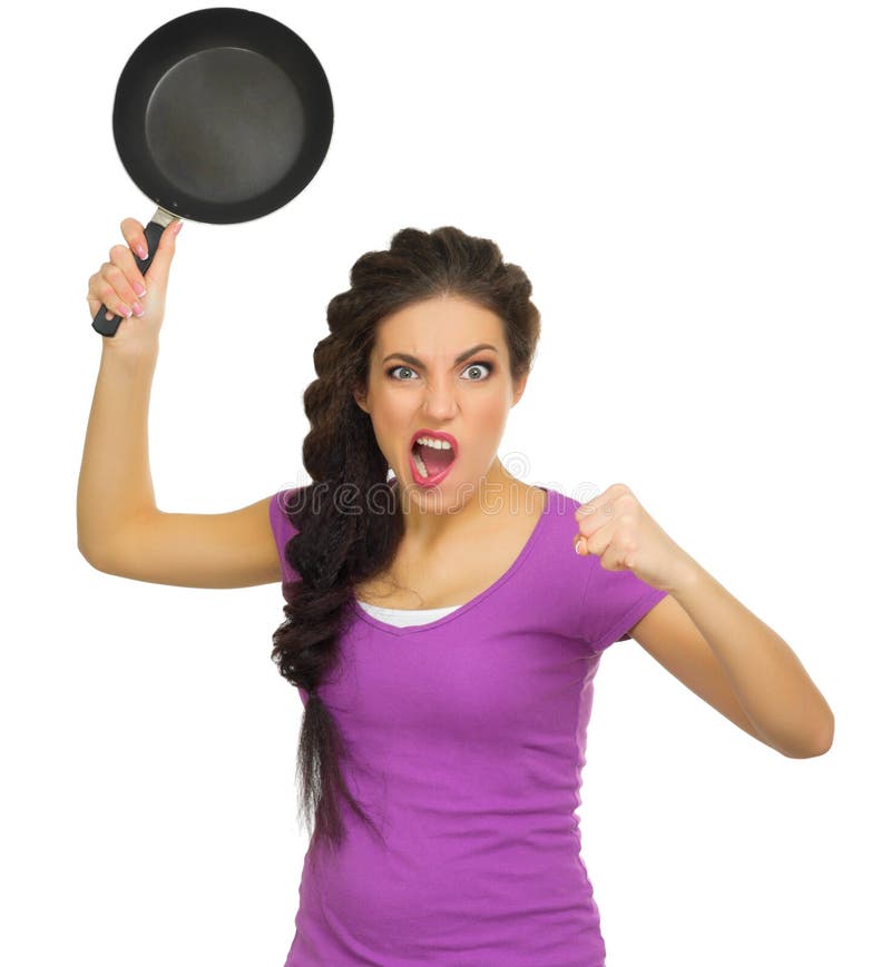 Angry woman with pan stock photo. Image of danger, copy - 91460668