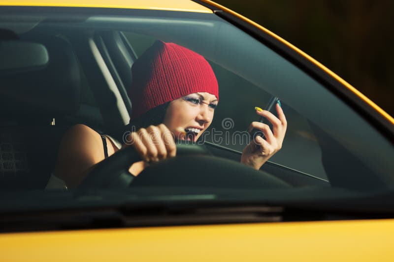 Angry Woman Shouting on the Phone in a Car Stock Photo - Image of ...