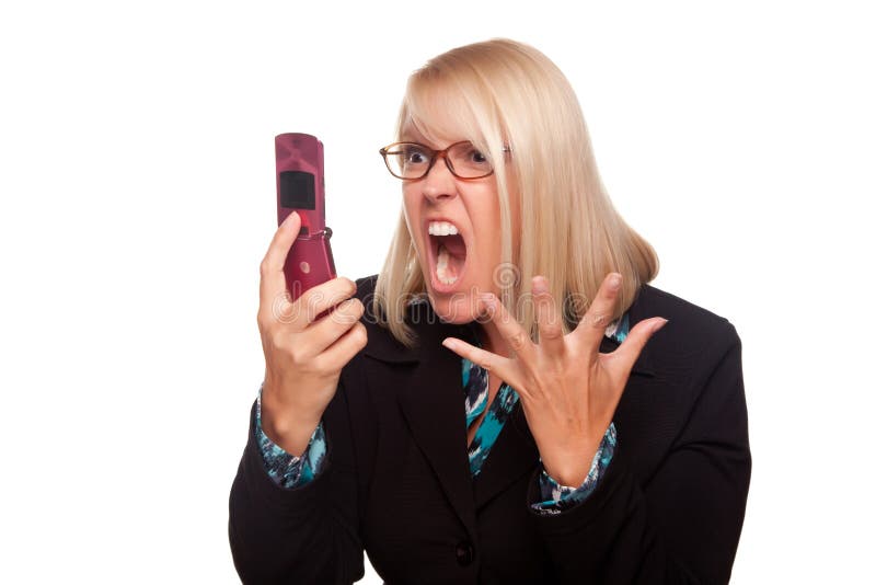 Angry Woman Yells At Cell Phone Royalty Free Stock Image - Image: 9615446