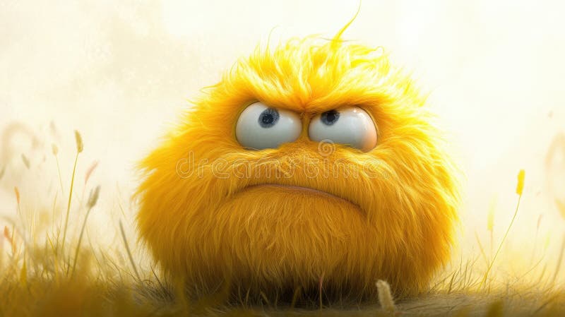 Angry Yellow Fluffy Creature in a Bright Grassy Environment Stock Image ...