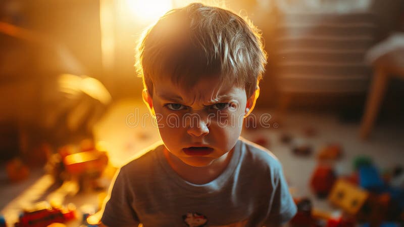 Angry Young Boy with Intense Expression in Warm Sunset Lighting Stock ...