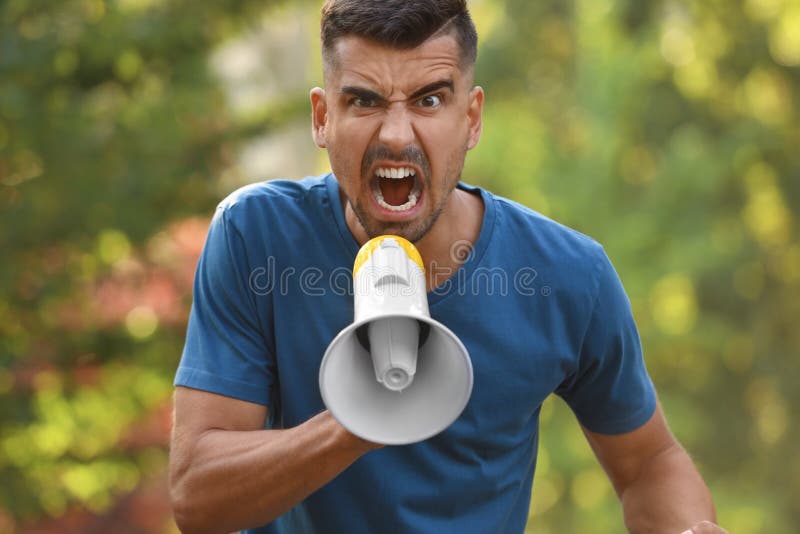Angry Young Man with Megaphone. Protest Leader Stock Image - Image of ...