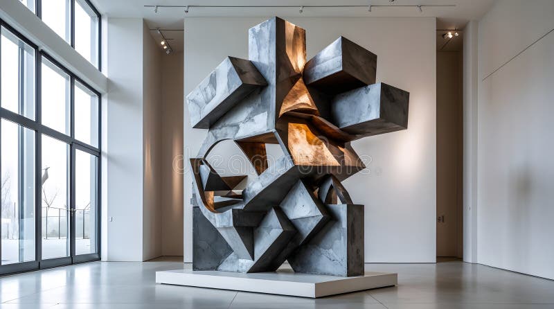 Angular Abstract Metal Sculpture Dominating a Bright Modern Art Gallery ...