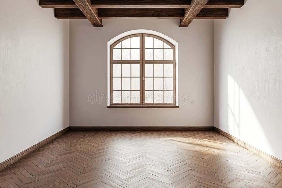 Angular Arch Window in Beige Living Room with Empty Interior Stock ...