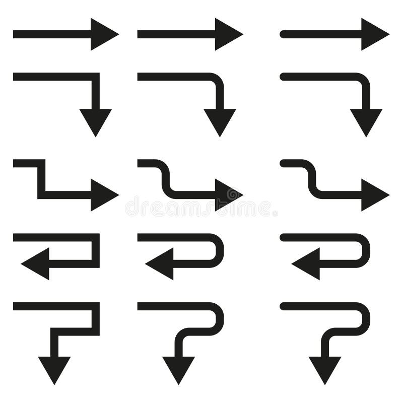 Angular Arrow Icons. Vector Direction Shapes. Black Pointer Turns. Simple Path Symbols Stock ...