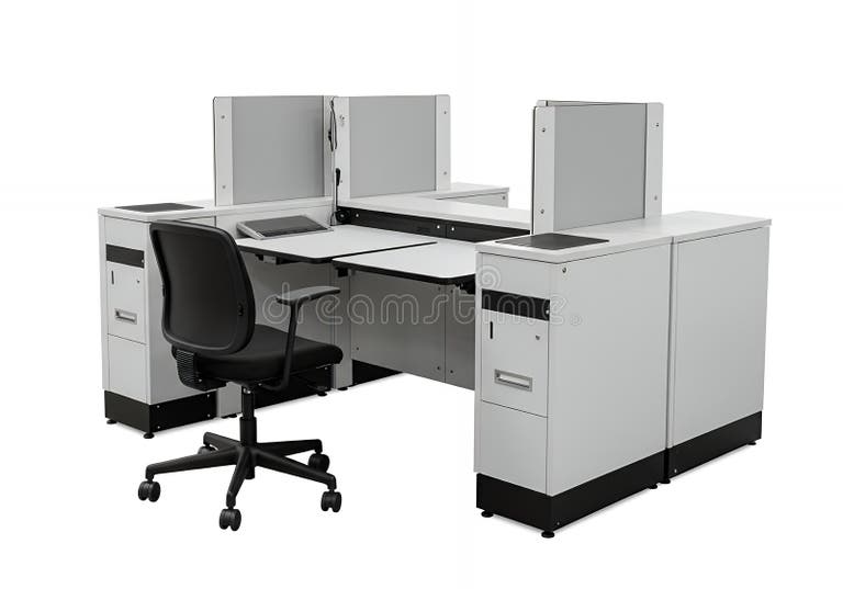 Angular Desk Setup with Black Rolling Chair on White Background Perfect ...