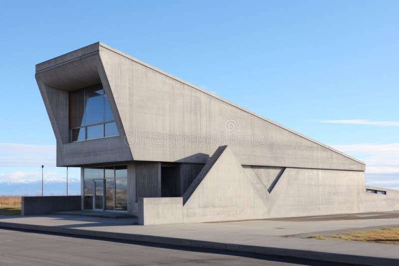 An Angular Grey Concrete Building with Clear Blue Sky Backdrop Stock ...