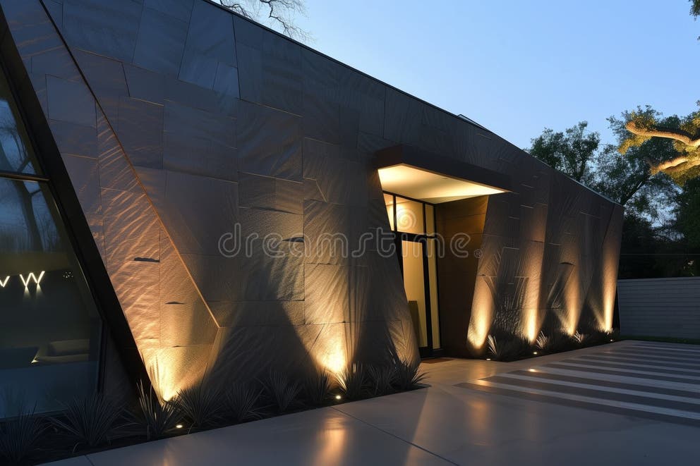 Angular Modern Home Front with Spotlights on Textured Walls Stock Photo ...