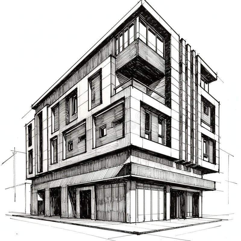 Detailed Architectural Sketch of Modern Multi-Story Building. Stock ...
