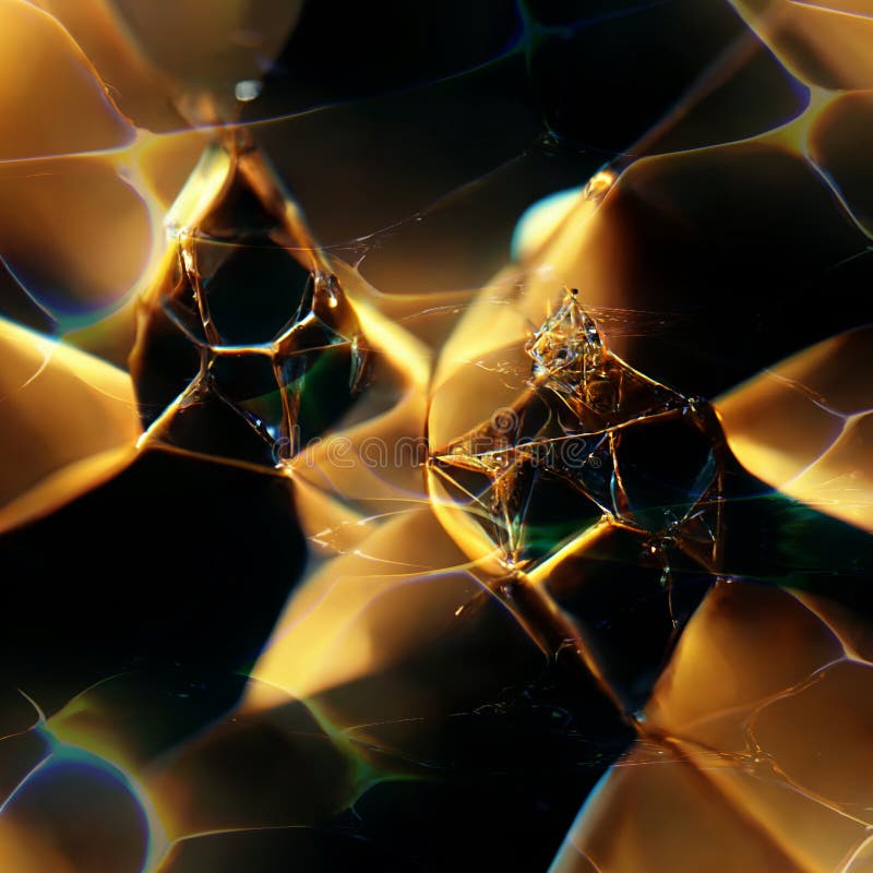Angular, Translucent Structures Exhibit a Golden Hue Against a Dark Background, Creating Prism ...
