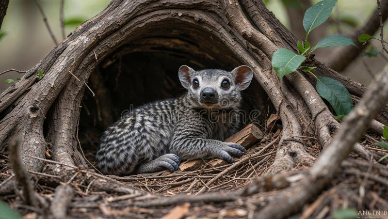 Angwantibo Resting Inside Small Shaded Tree Hollow Stock Illustration ...