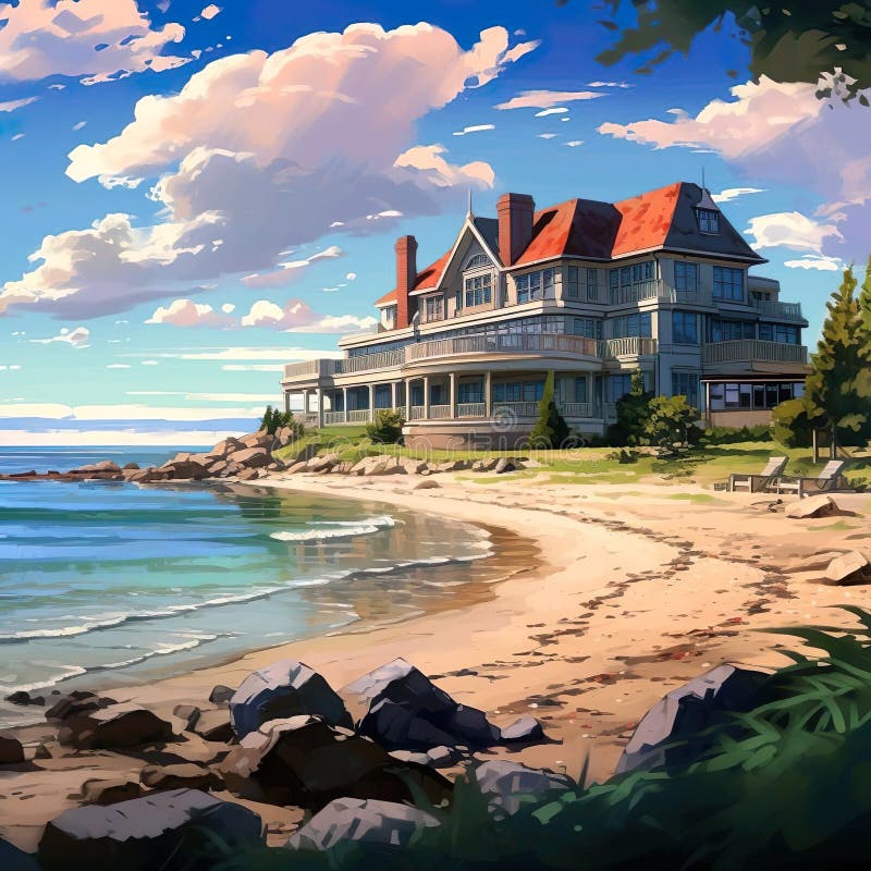 Animado De Una Casa Moderna En La Playa Stock de ilustración ...