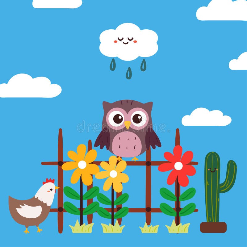 Cute Owl and Chicken Wallpaper Wit Plant and Flower Stock Vector ...