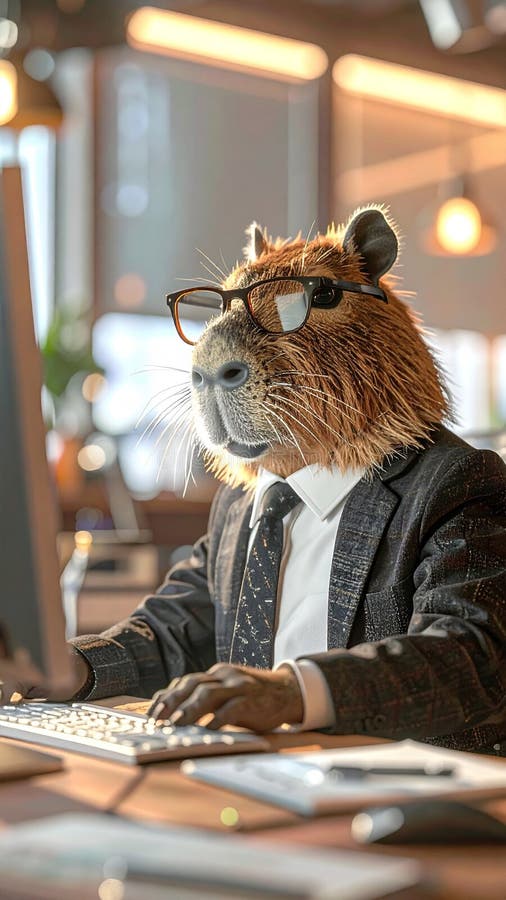 The Animal Capybara is Dressed in a Suit and Glasses, Sits in an Office ...