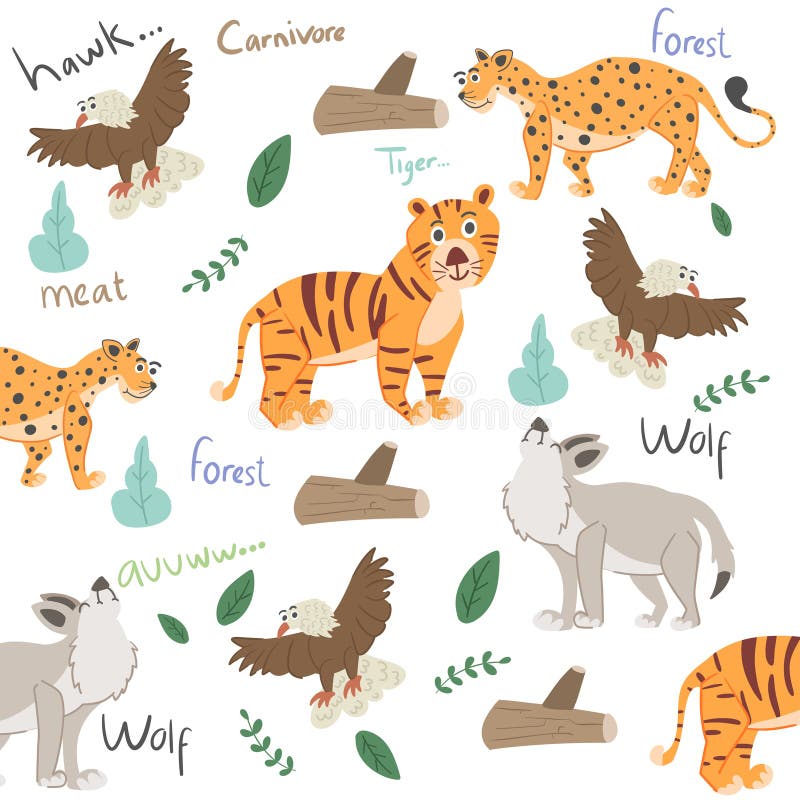 Vector Collection of Cute Carnivorous Meat Eating Animals with Seamless ...