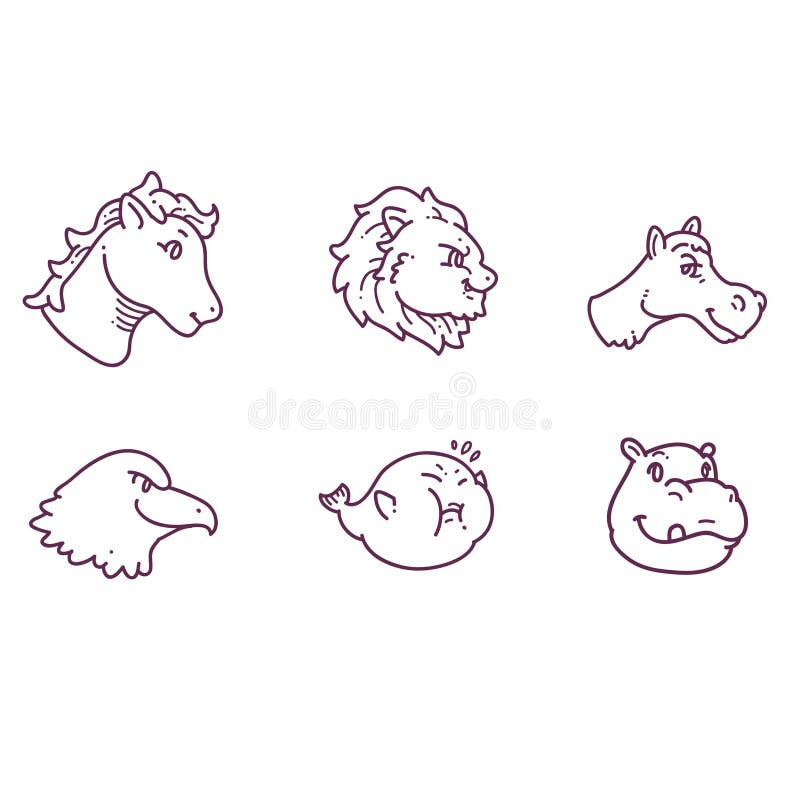 Animal Cartoon Head Line Art Stock Vector - Illustration of head, hand ...