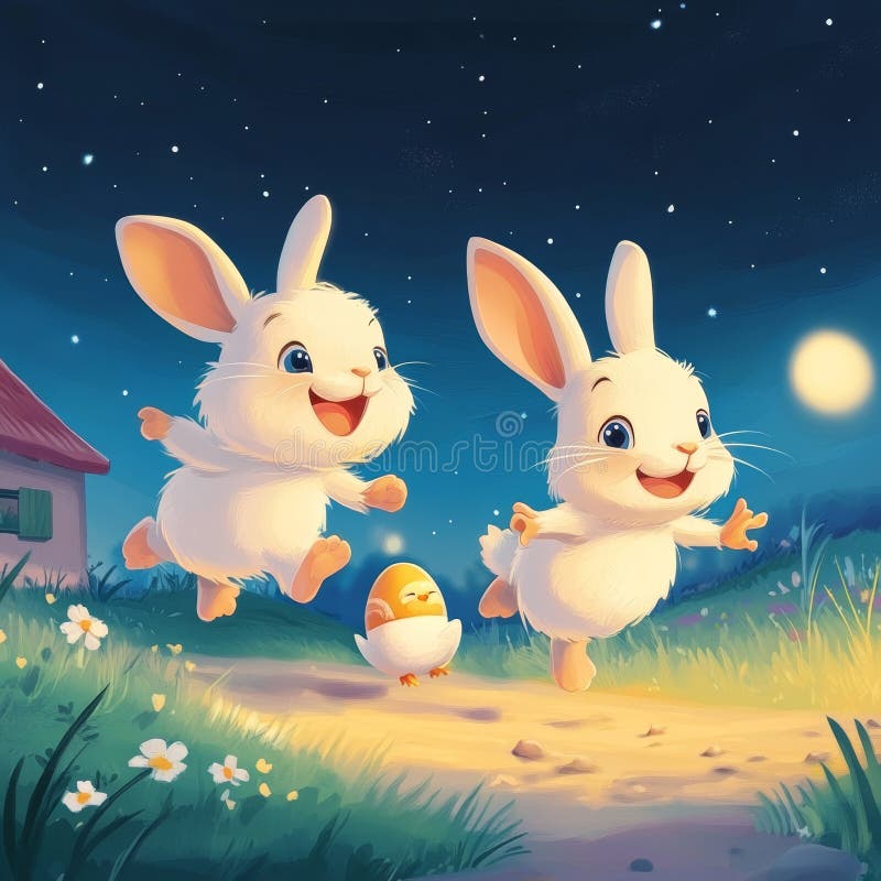 Animal Cartoons Playing in the Night Landscape with Rabbits and Chicks ...