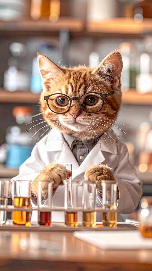 An Animal Cat Scientist Does Experiments in a Laboratory with Test ...