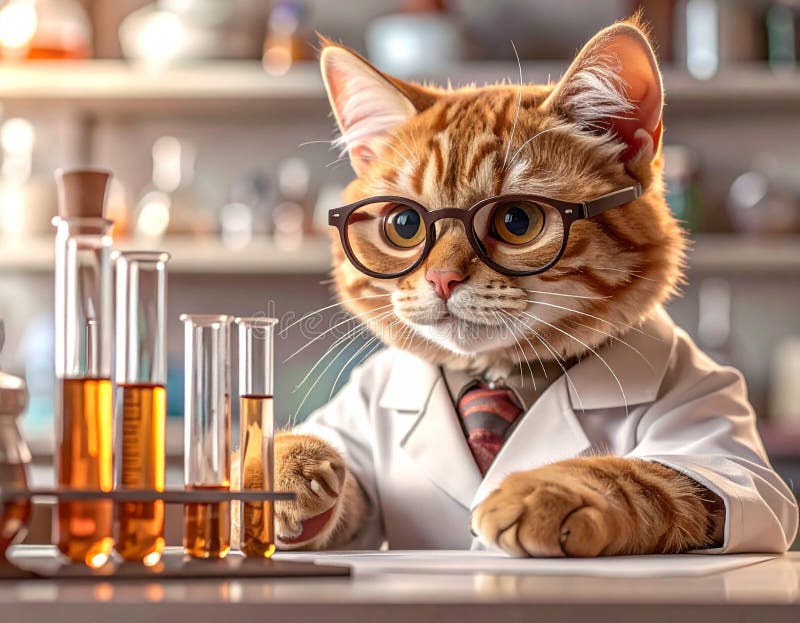 An Animal Cat Scientist Does Experiments in a Laboratory with Test ...