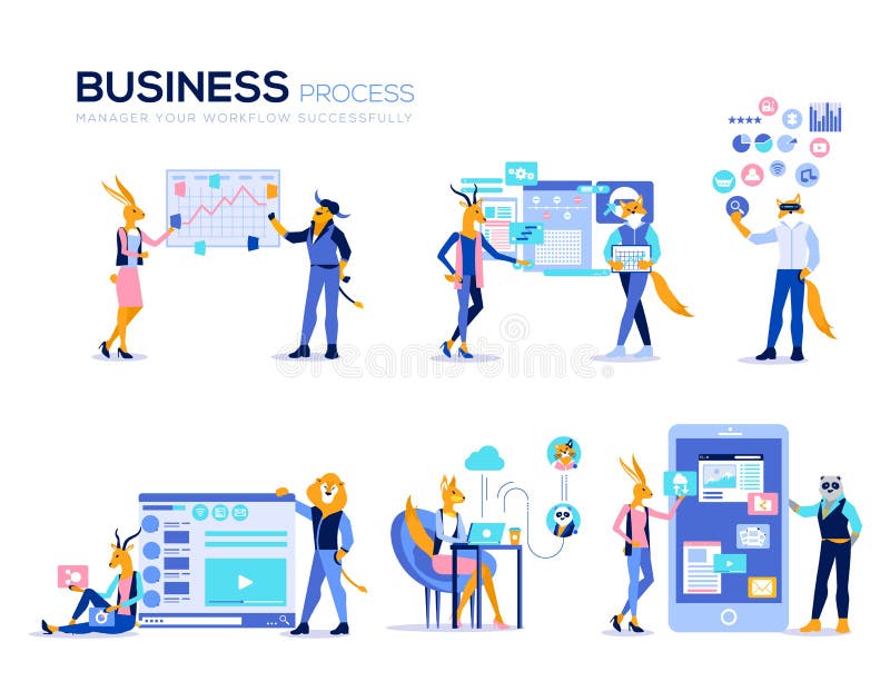 Animal Characters Work with Information on Diagrams. Stock Vector ...