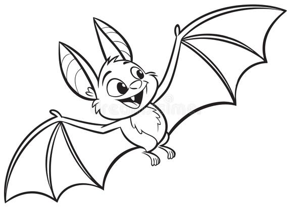 Happy Cartoon Bat Flying, Black and White Vector Illustration, Children ...