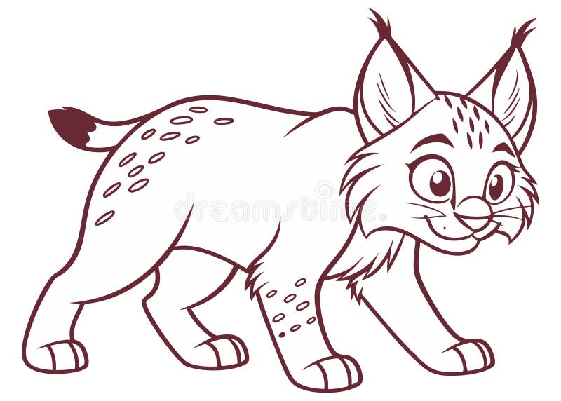 Cartoon Lynx Vector Illustration, Minimal Line Art, Brown on White ...