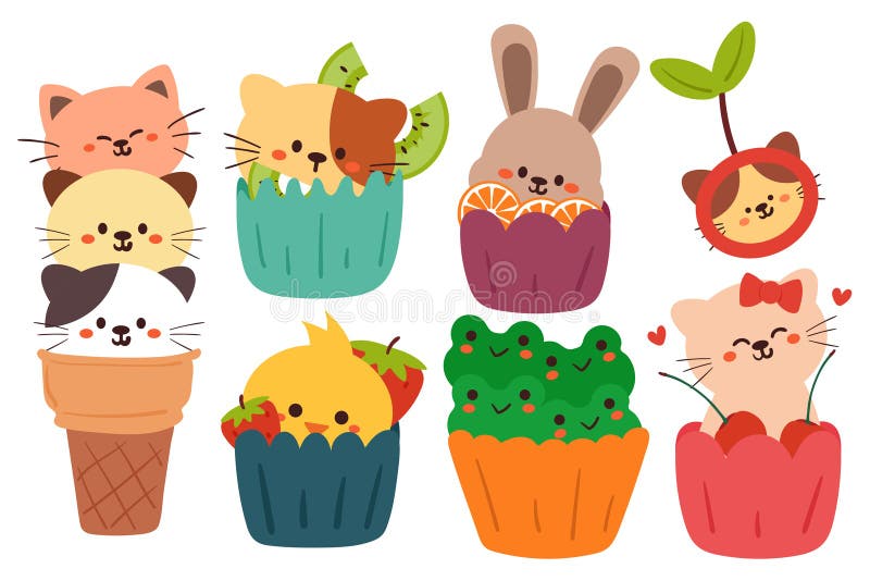 Cute Cartoon Food Animal Sticker Set. Cute Dessert Animal for Kids ...